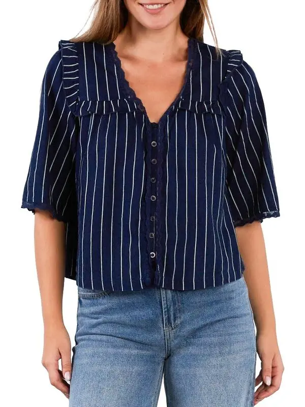 BILLY T Juliet Lace & Ruffle Cotton Blend Top - Dark Indigo Pinstripe