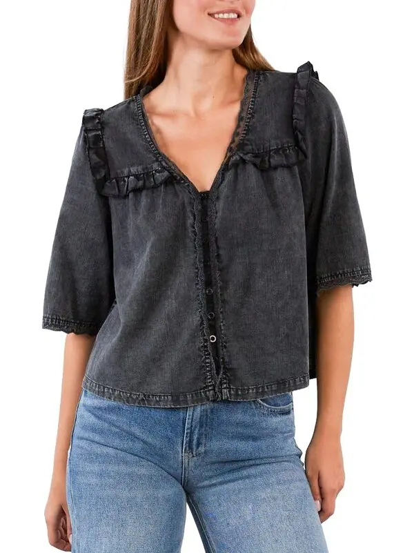 BILLY T Juliet Lace & Ruffle Cotton Blend Top - Grey Haze