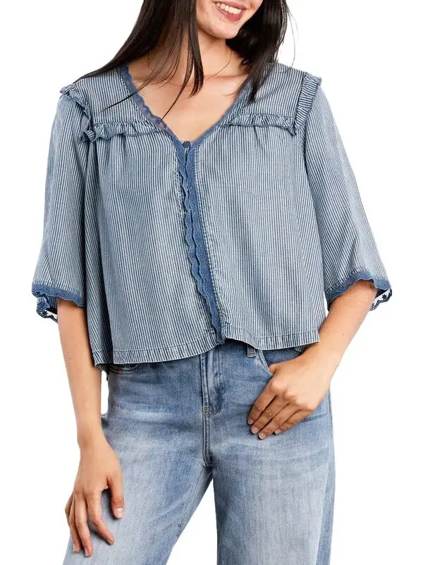 BILLY T Juliet Lace & Ruffle Cotton Blend Top - Railroad Stripe Denim