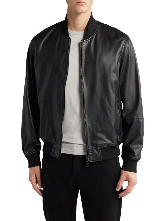 Emporio Armani Leather Bomber Jacket - Solid Black