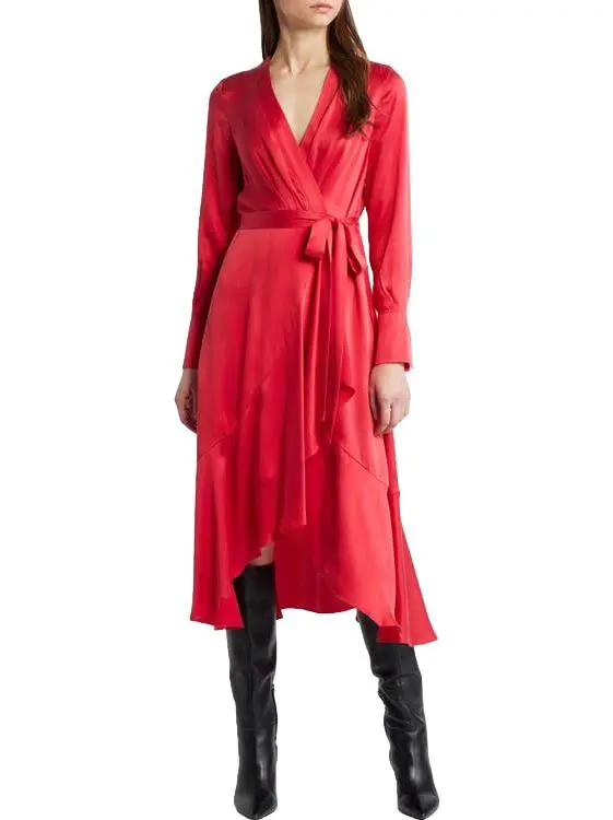 Kobi Halperin Victoria Long Sleeve Silk Faux Wrap Dress - Scarlet