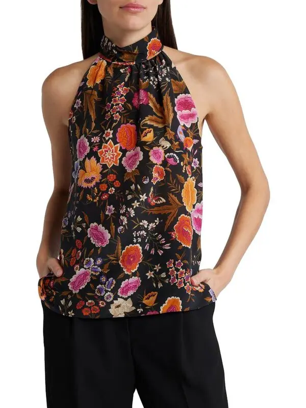 Kobi Halperin Madison Floral Silk Halter Top - Black Multi