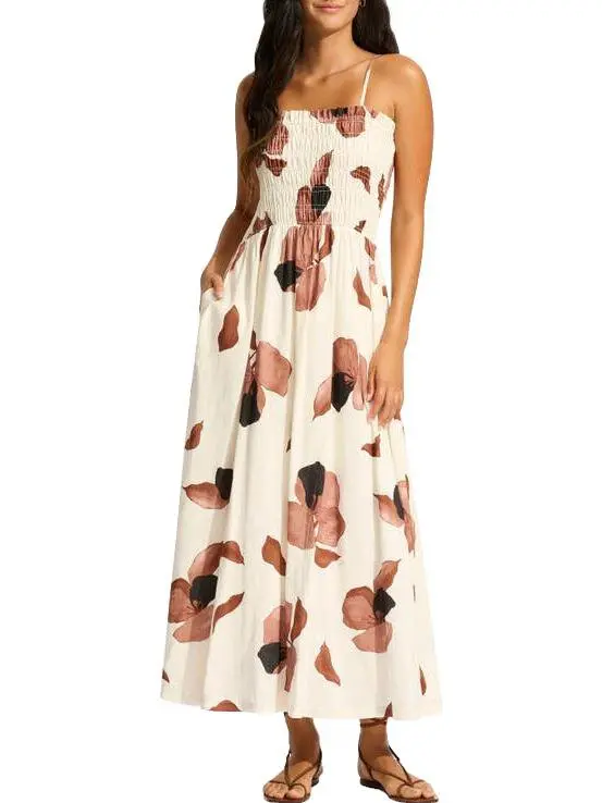 Seafolly Secret Garden Shirred Midi Sundress - Ivory Multi