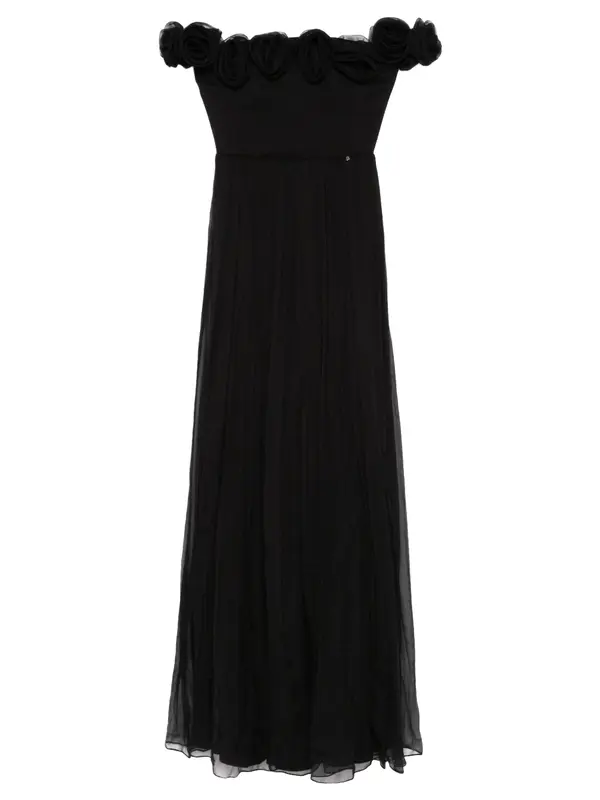 NISSA Floral-appliqué Silk Maxi Dress - Black