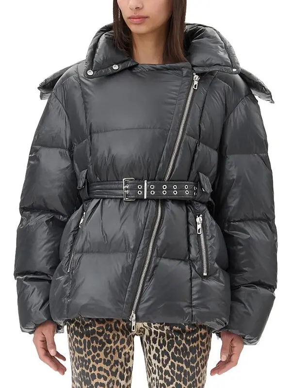 GANNI Black Shiny Nylon Puffer Jacket With Belt - Black Sand