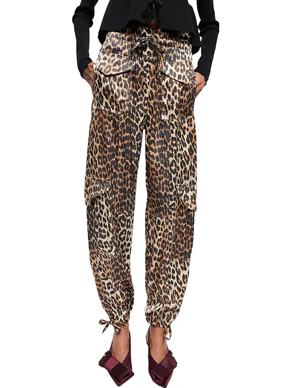 GANNI Printed Satin Pants - Leopard
