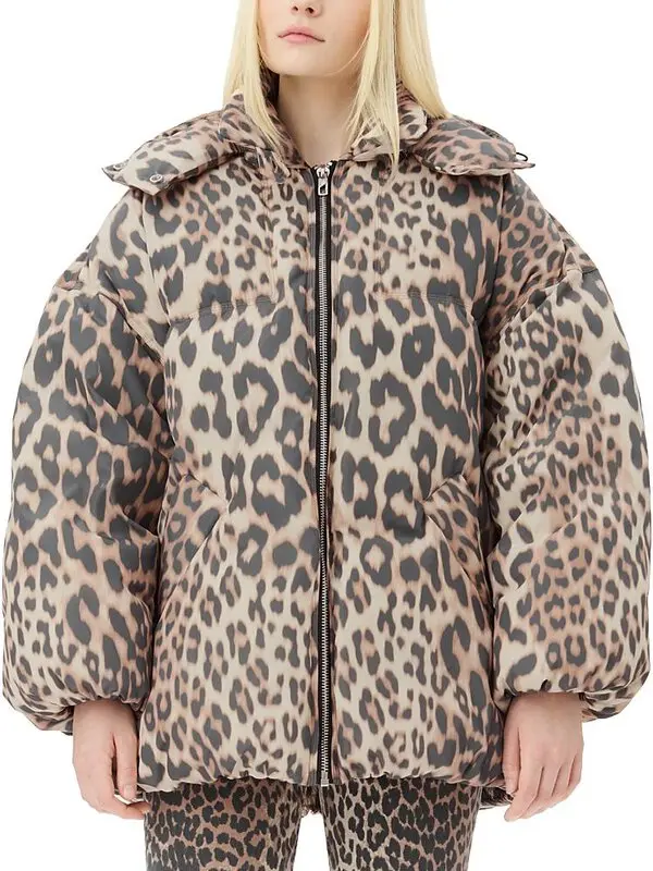 GANNI Leopard Print Puffer Jacket - Almond Milk
