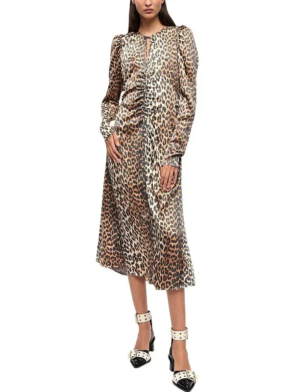 GANNI Printed Ruched Midi Dress - Leopard