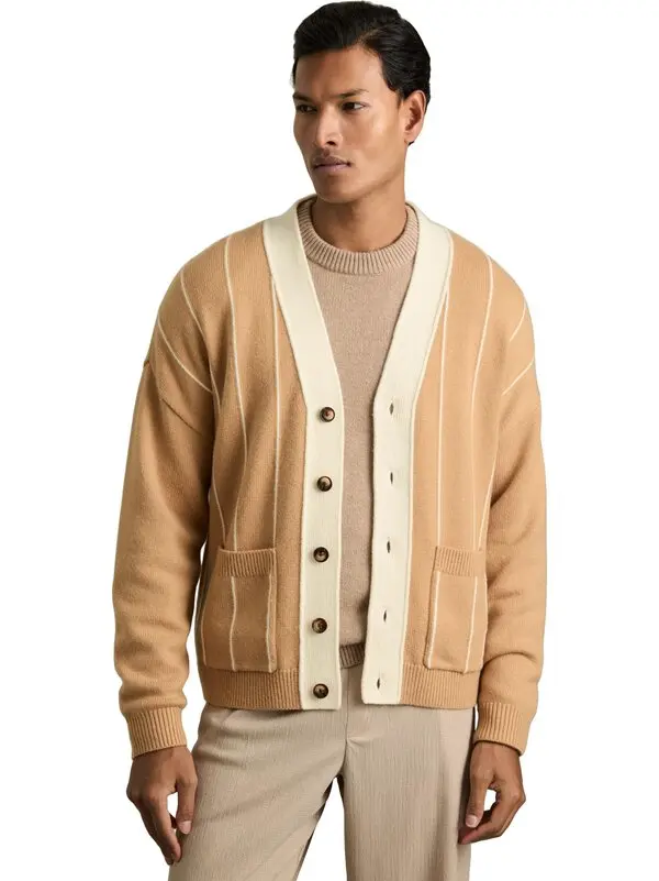 REISS Rovers Wool-blend Pinstripe Cardigan - Camel/white