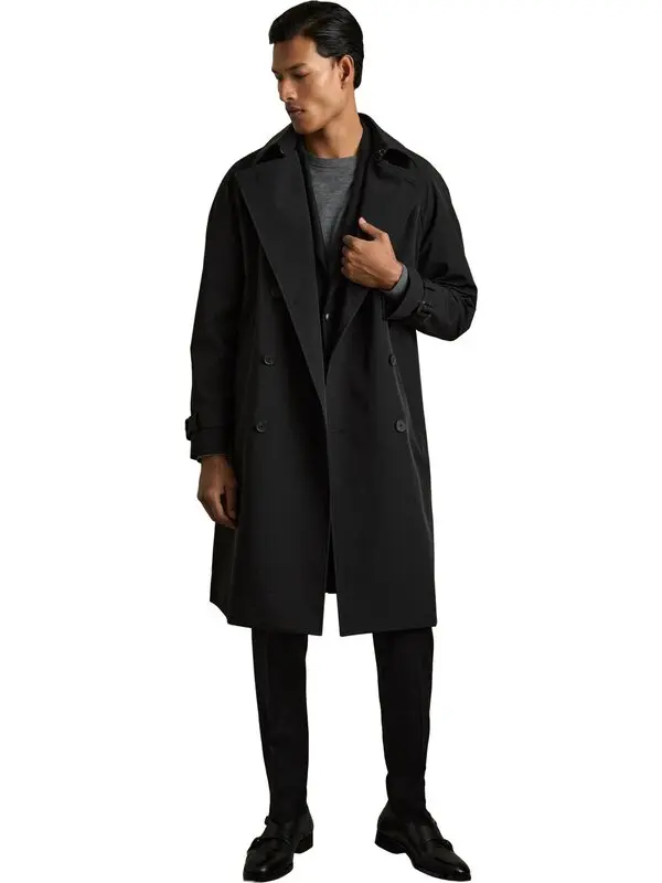 REISS Double Breasted Long Trench Coat - Black