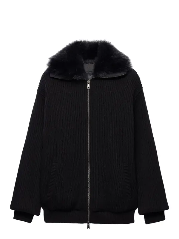 Prada Faux-fur Collar Cardigan - Black