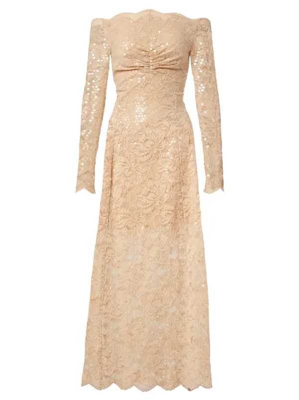 Rabanne Sequined Off-the-shoulder Lace Maxi Dress - Beige