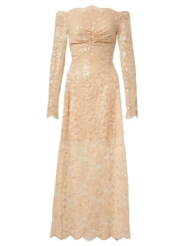 Rabanne Sequined Off-the-shoulder Lace Maxi Dress - Beige