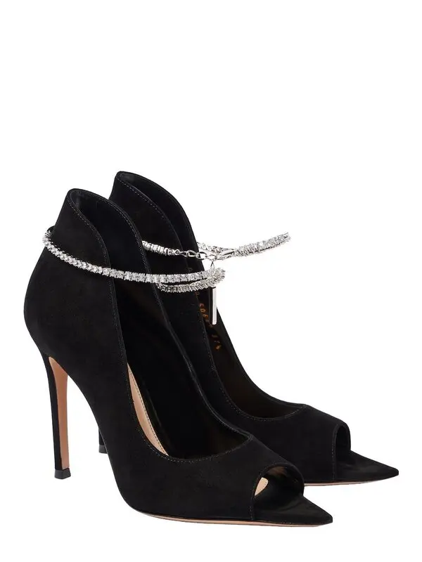 GIANVITO ROSSI Suede Crystal Embellished Peep-toe Pumps - Black