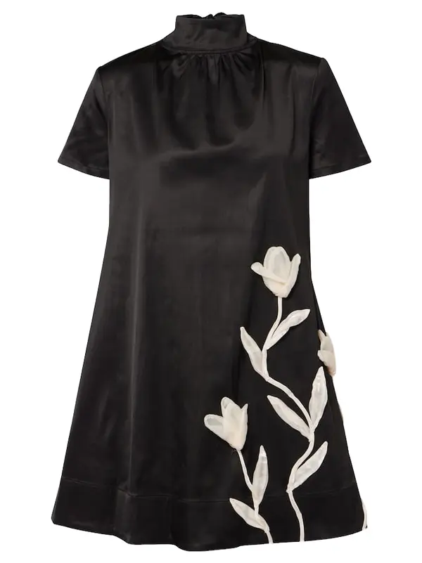 Staud Ilana Floral-appliqué Satin Minidress - Black