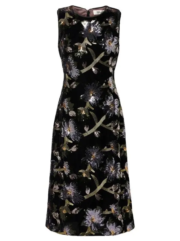 Diane Von Furstenberg Sequined Floral Midi Dress - Black
