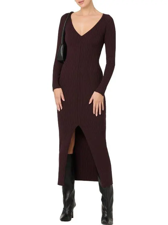 Astr The Label Glenda Long Sleeve Ribbed Sweater Dress - Dark Brown