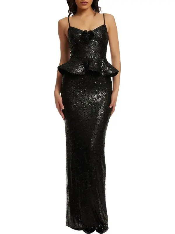 Dress The Population Akiah Sequin Ruffle Gown - Black