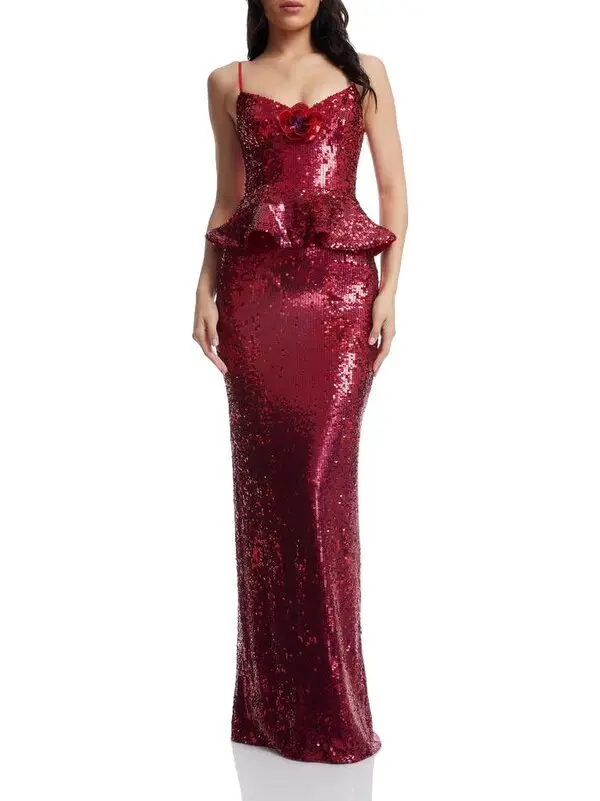 Dress The Population Akiah Sequin Ruffle Gown - Rouge