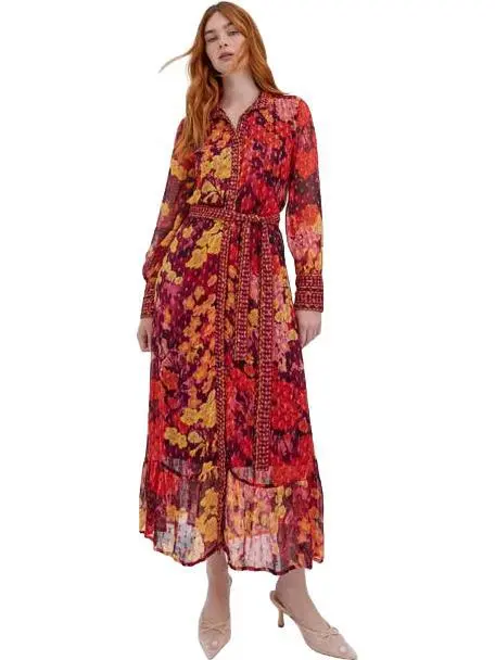 RAISHMA Floral Print Chiffon Midi Dress With Belt - Burgundy