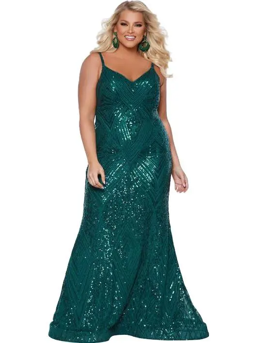 SYDNEY'S CLOSET Fitted V-neck Spaghetti Strap Evening Gown - Emerald