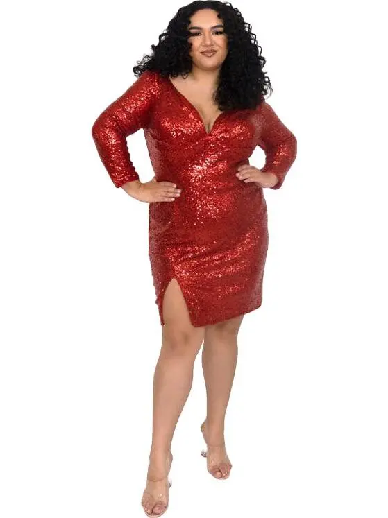 SYDNEY'S CLOSET Long Sleeve Sequin Dress - Ruby Red