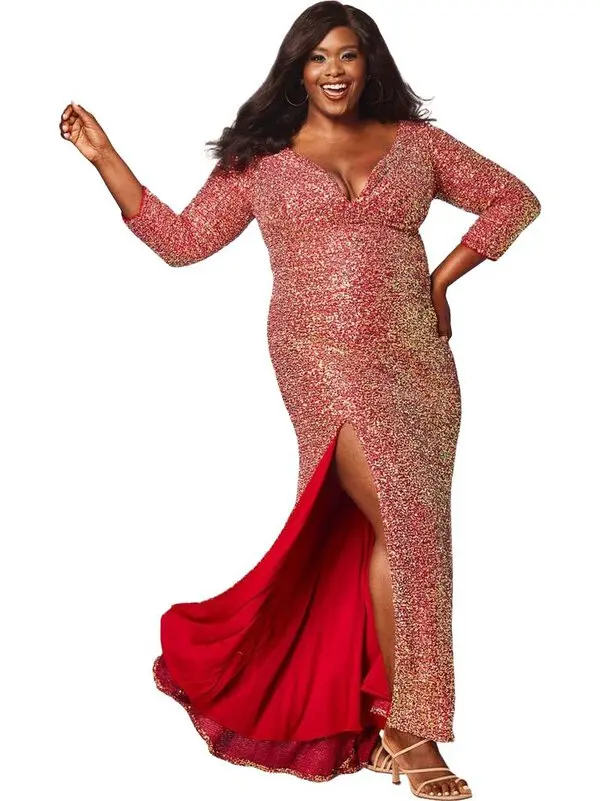 SYDNEY'S CLOSET Fitted V-neck Sequin Gown - Firecracker Red