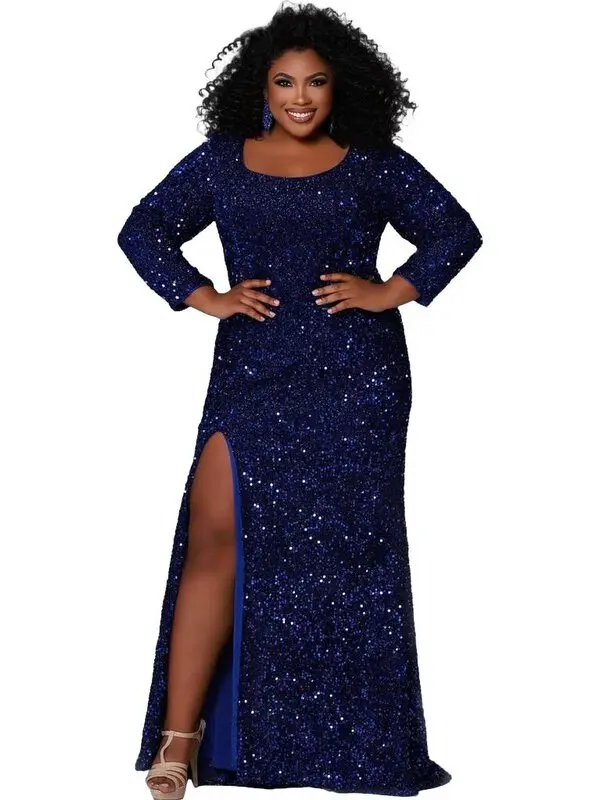 SYDNEY'S CLOSET Long Sleeve Sequin Gown - Sapphire