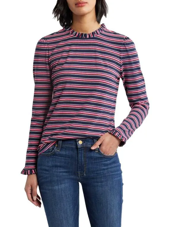 Caslon Ruffle Detail Long Sleeve Top - Navy- Pink Alli Stripe