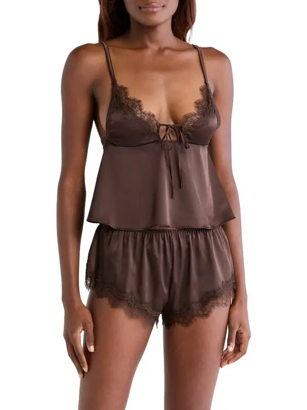 KAT THE LABEL Sorrento Lace Trim Satin Camisole - Espresso
