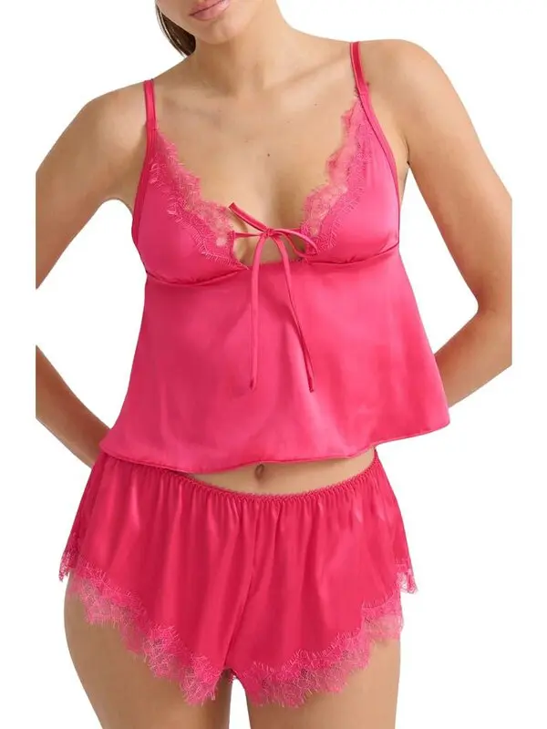 KAT THE LABEL Sorrento Lace Trim Satin Camisole - Hot Pink