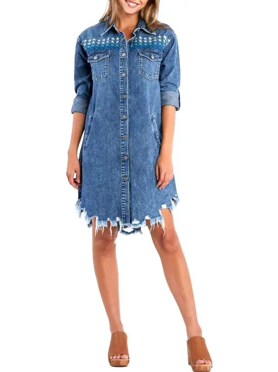 BILLY T Superstar Distressed Denim Shirtdress - Blue Combo