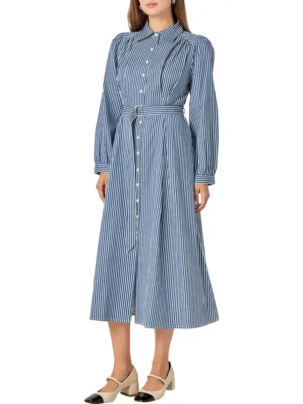 English Factory Stripe Long Sleeve Midi Shirt Dress - Navy