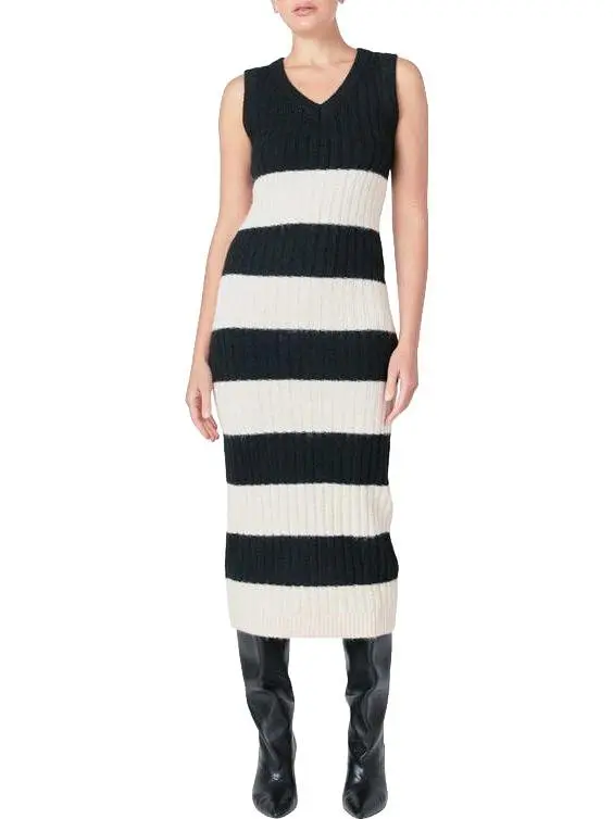 Endless Rose Stripe Midi Sweater Dress - Black/ Cream