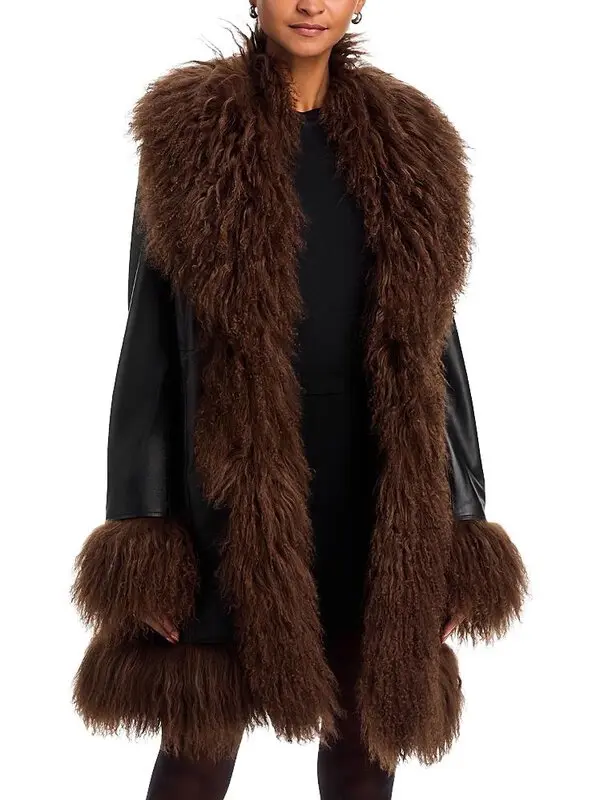 SUSANNA CHOW Dorothy Leather & Shearling Trim Midi Coat - Black/brown Trim