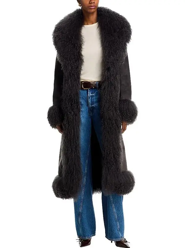 SUSANNA CHOW Dorothy Leather & Shearling Trim Midi Coat - Graphite