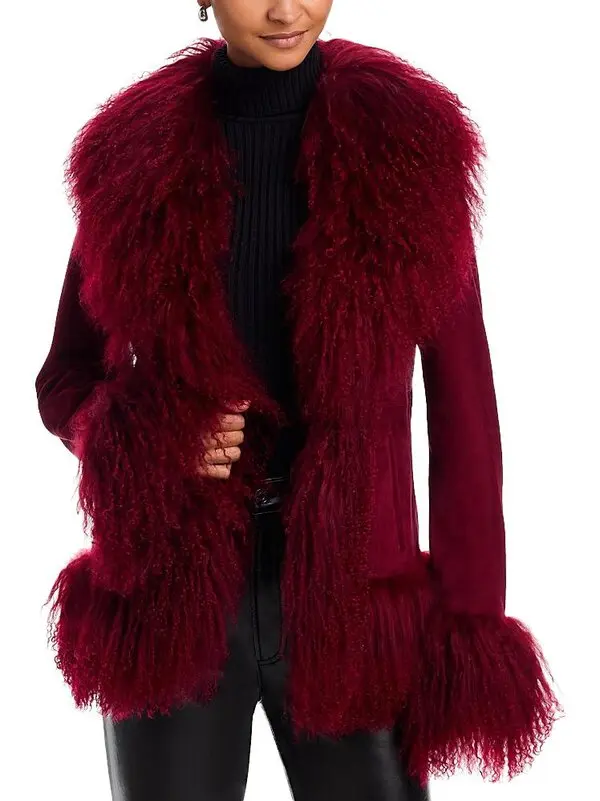 SUSANNA CHOW Dorothy Suede Coat With Shearling Trim - Burgundy