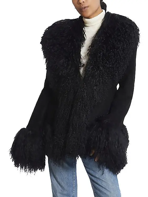 SUSANNA CHOW Dorothy Suede & Shearling Trim Coat - Black