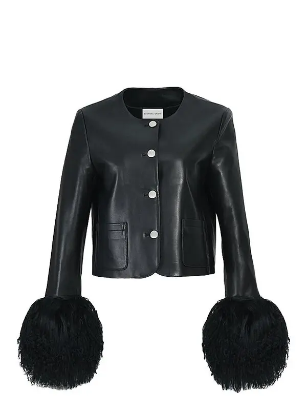 SUSANNA CHOW Leather Cropped Shearling Cuff Jacket - Black