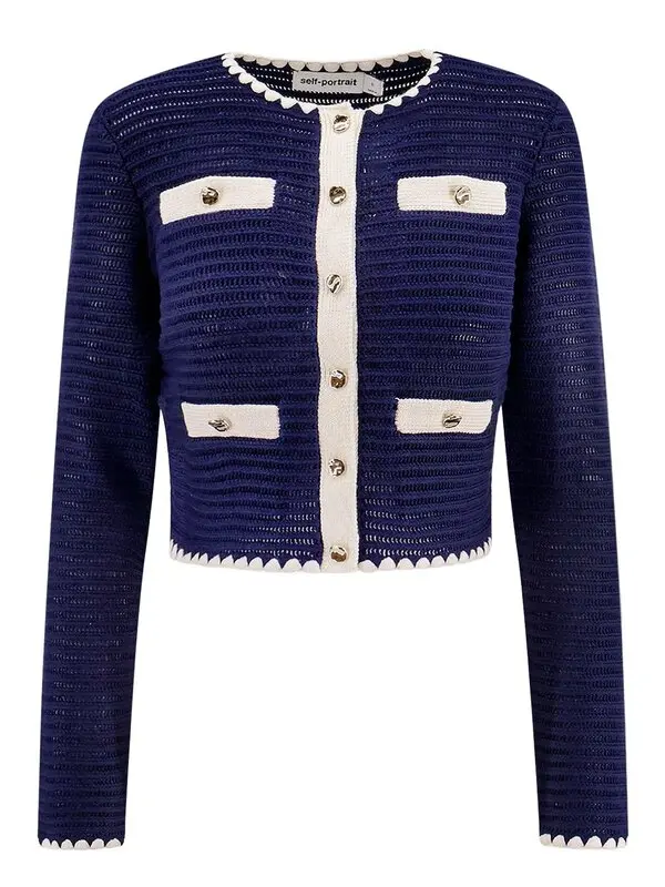 SELF-PORTRAIT Crochet Knitted Cardigan With Contrasting Profiles - Blue