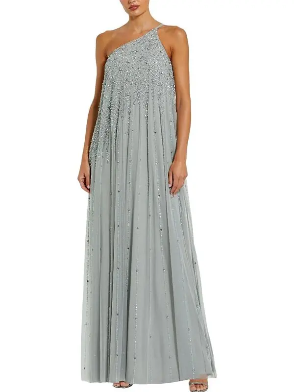 Mac Duggal One-shoulder Embellished Trapeze Gown - Sage