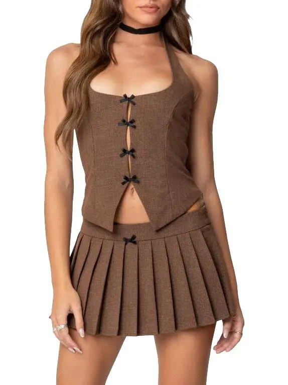 EDIKTED Palmer Plaid Bow Halter Top - Brown