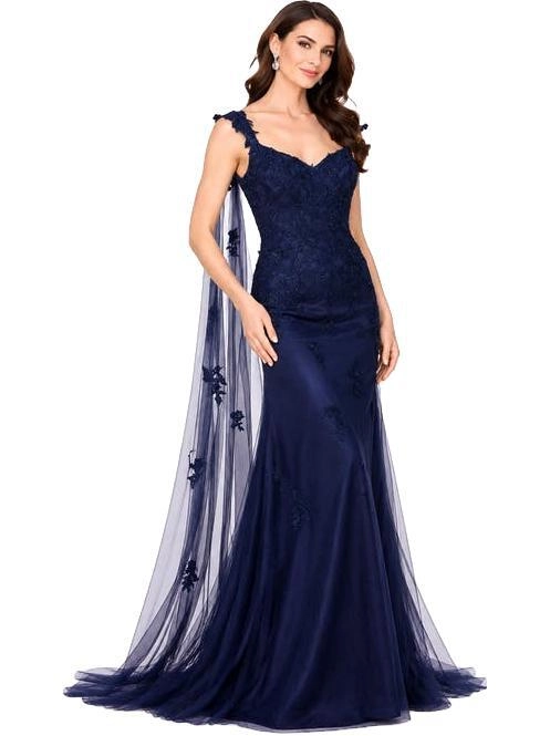 LARA NEW YORK Beaded Gown With Feathers - Navy