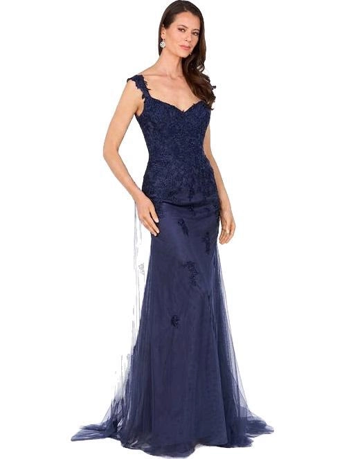 LARA NEW YORK Beaded Gown With Feathers - Navy