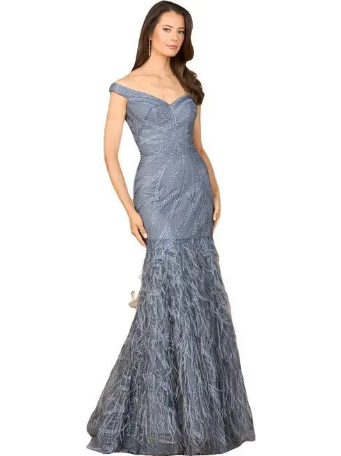 LARA NEW YORK Beaded Gown With Feathers - Slate