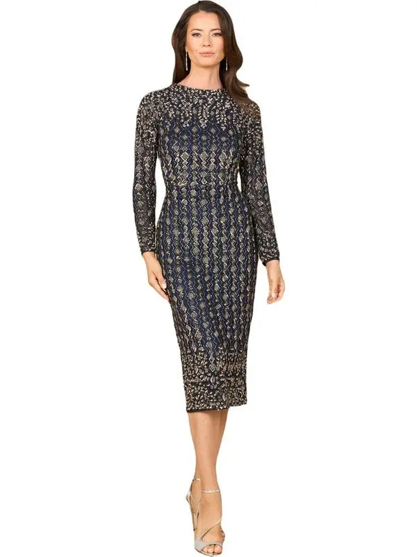 LARA NEW YORK Beaded Long Sleeve Midi Dress - Navy