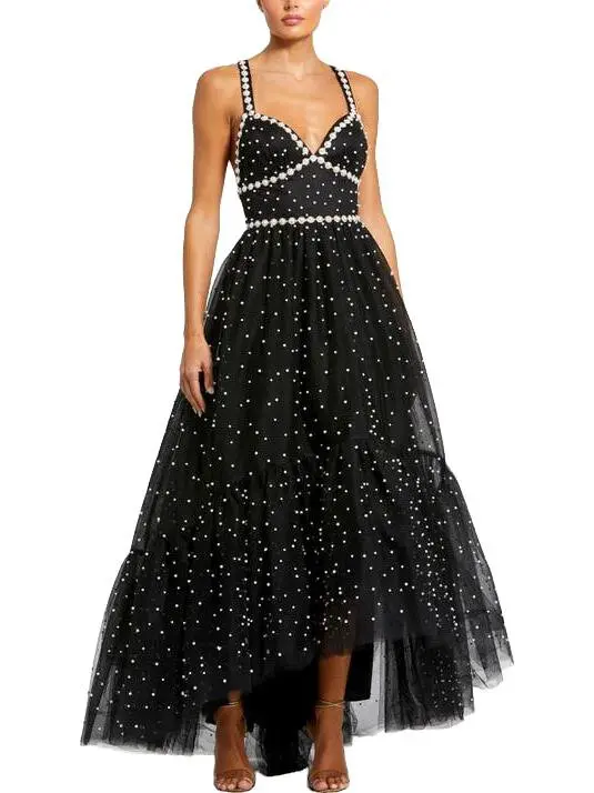 Mac Duggal Pearl Embellished Tiered Tulle High-low Gown - Black Ivory