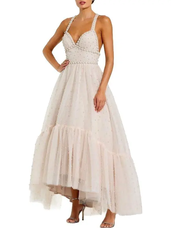 Mac Duggal Pearl Embellished Tiered Tulle High-low Gown - Porcelain