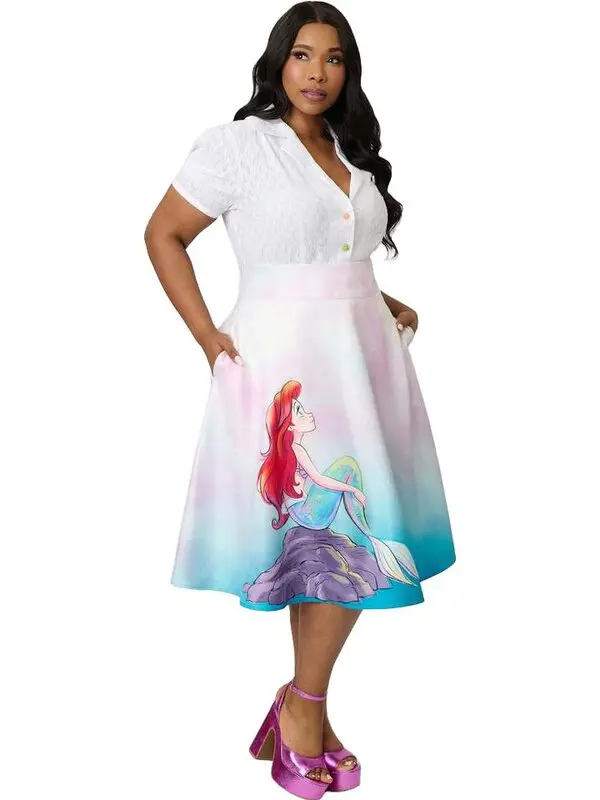 Unique Vintage Vivien Swing Skirt - White Mermaid Print
