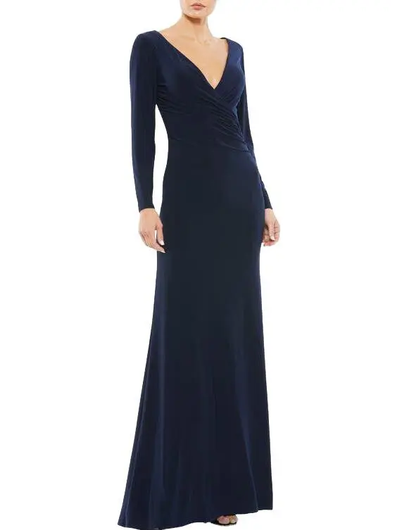 Mac Duggal Long Sleeve Ruched Jersey V-neck Gown - Midnight